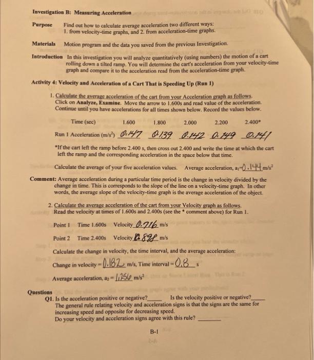 Solved Investigation B: Measaring Acceleration Purpose Find | Chegg.com