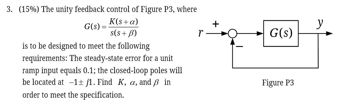 Solved 3. (15\%) The unity feedback control of Figure P3, | Chegg.com