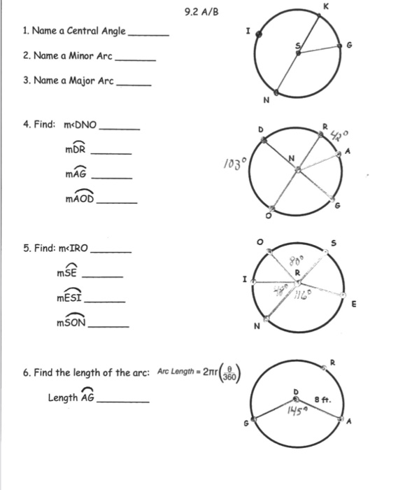 Solved 9.2 A/B 1. Name a Central Angle 2. Name a Minor Arc | Chegg.com