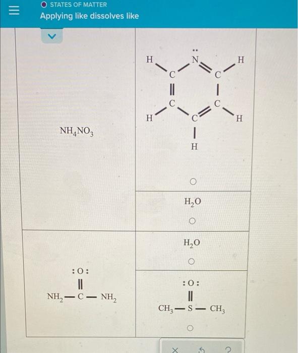 Solved Applying like dissolves like For eac te, click the | Chegg.com