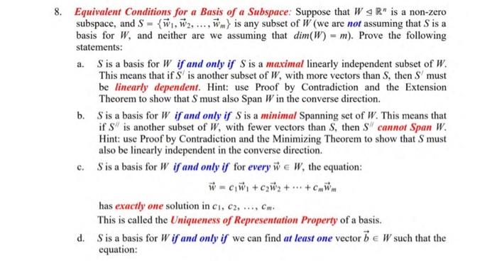 Solved 8. Equivalent Conditions for a Basis of a Subspace: | Chegg.com