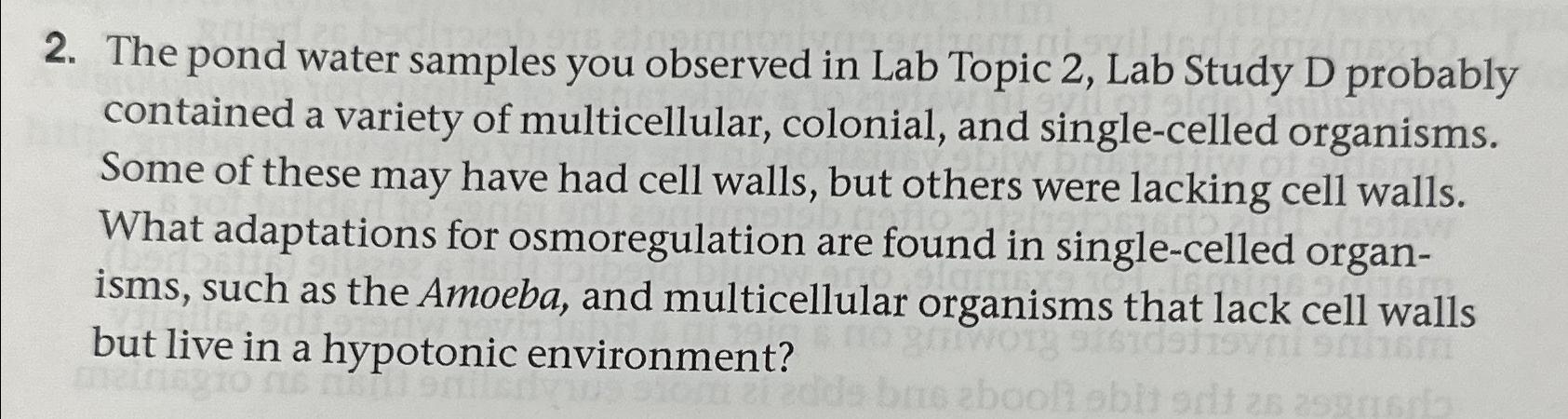 Solved The pond water samples you observed in Lab Topic 2, | Chegg.com