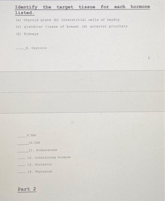 Solved Identify the target tissue for each hormone Iisted. | Chegg.com