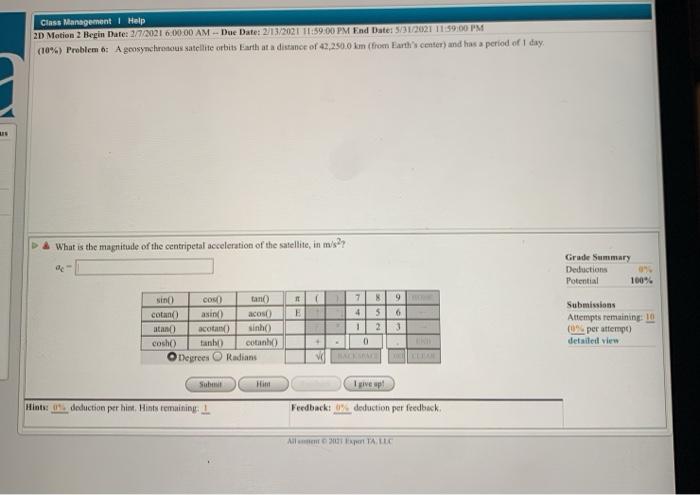 Solved Class Management | Help 2D Motion 2 Begin Date: | Chegg.com