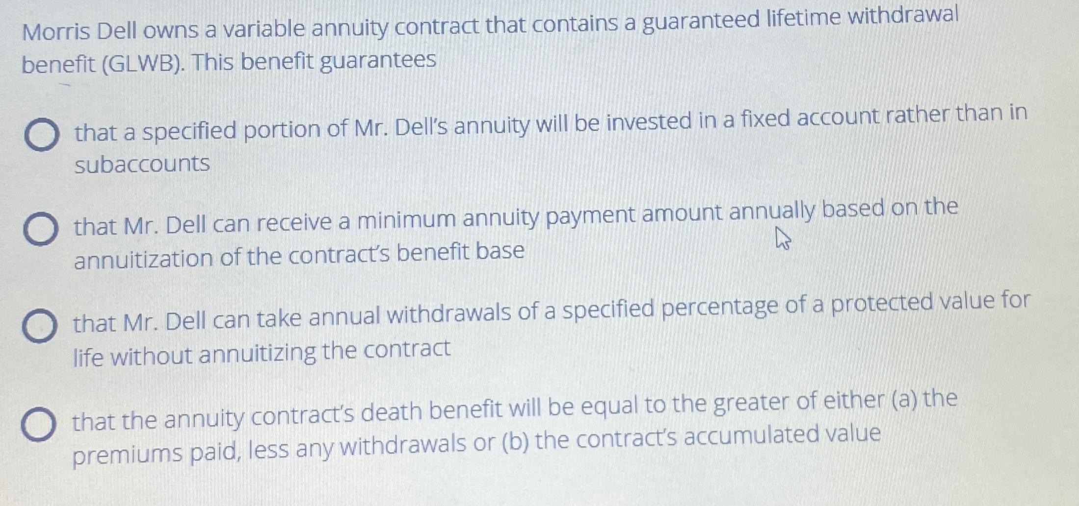 Solved Morris Dell owns a variable annuity contract that | Chegg.com