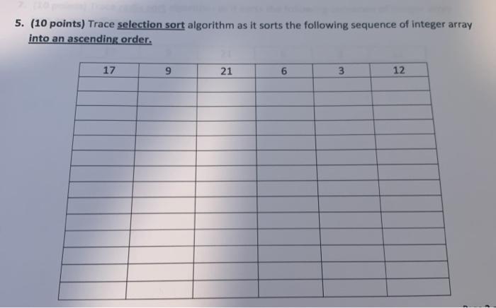 Solved 5. (10 points) Trace selection sort algorithm as it | Chegg.com