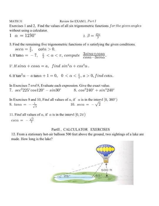 Solved MATH 31 Review for EXAMI, Part I Exercises 1 and 2, | Chegg.com
