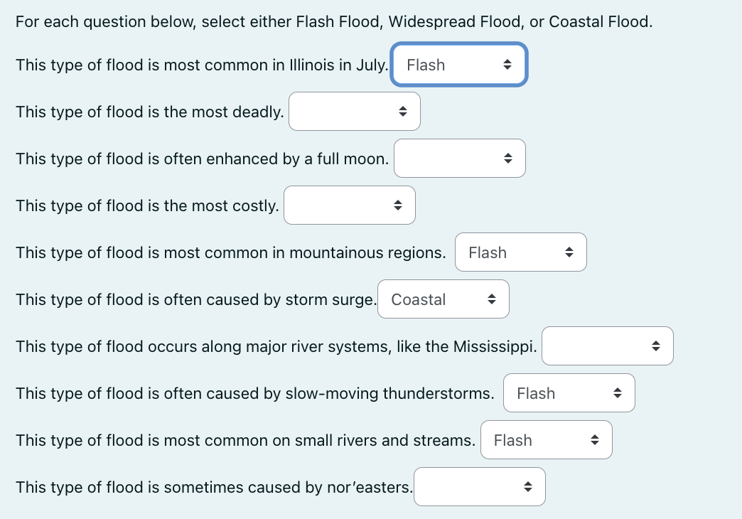 Solved For each question below, select either Flash Flood, | Chegg.com