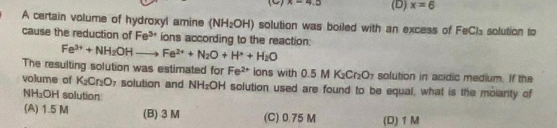 Solved A certain volume of hydroxyl amine (NH2OH) solution | Chegg.com