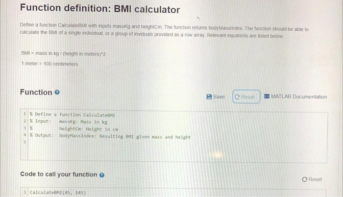 Solved Function Definition Bmi Calculator Define A Function 