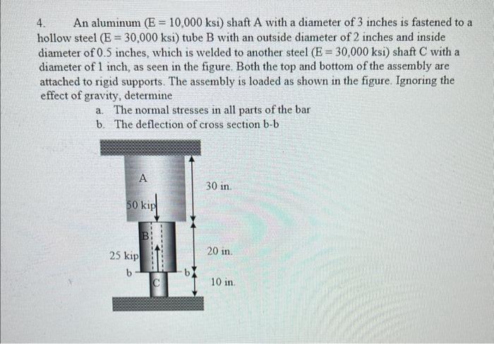 Solved 4. An aluminum ( E=10,000ksi) shaft A with a diameter | Chegg.com