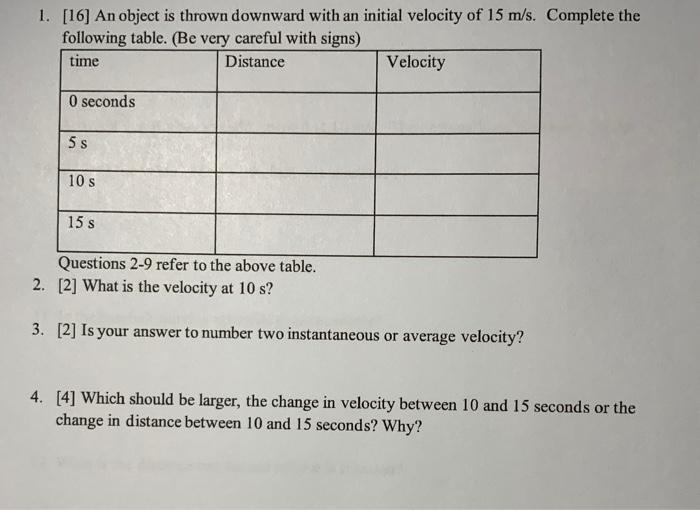 Solved 1. [16] An object is thrown downward with an initial | Chegg.com