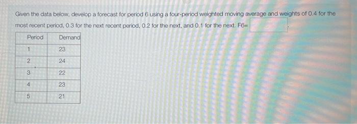 Solved Given the data below, develop a forecast for period 6 | Chegg.com