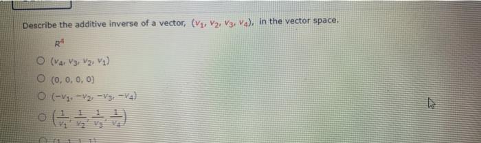 Solved Describe the additive inverse of a vector, (V1, V2, | Chegg.com
