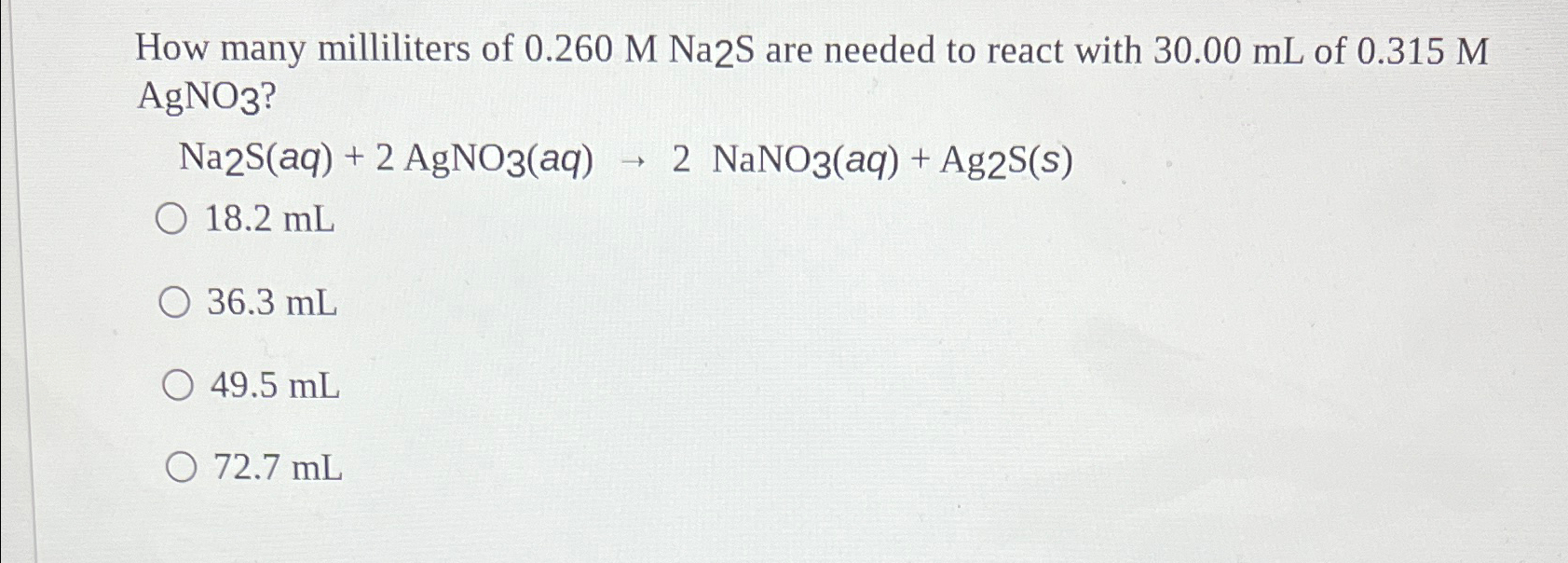 Solved How many milliliters of 0.260MNa2S ﻿are needed to | Chegg.com
