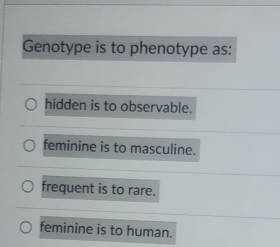 Solved Genotype is to phenotype as:hidden is to | Chegg.com