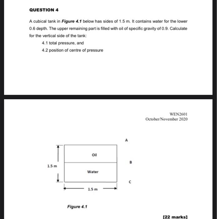 Solved QUESTION 4 A cubical tank in Figure 4.1 below has | Chegg.com