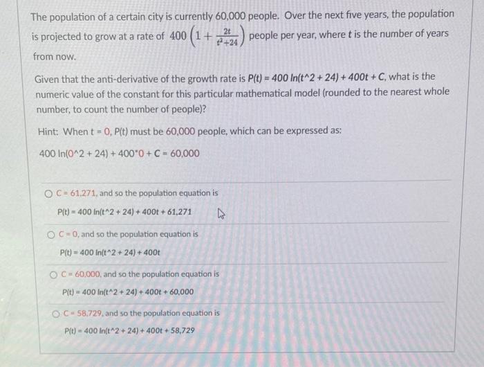 Solved The population of a certain city is currently 60,000 | Chegg.com