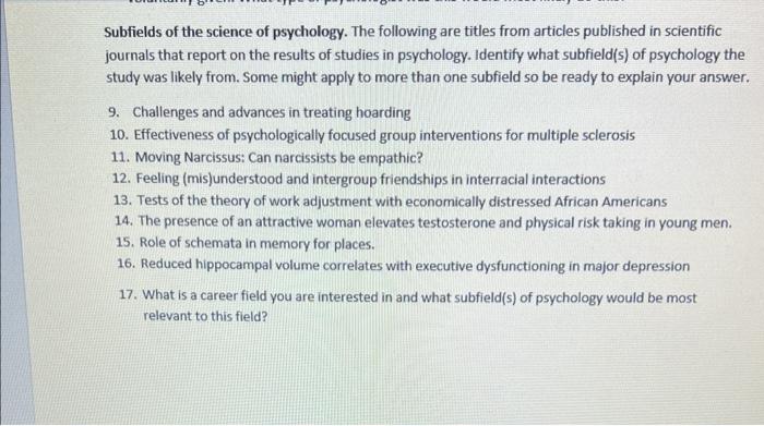 Solved Subfields of the science of psychology. The following | Chegg.com