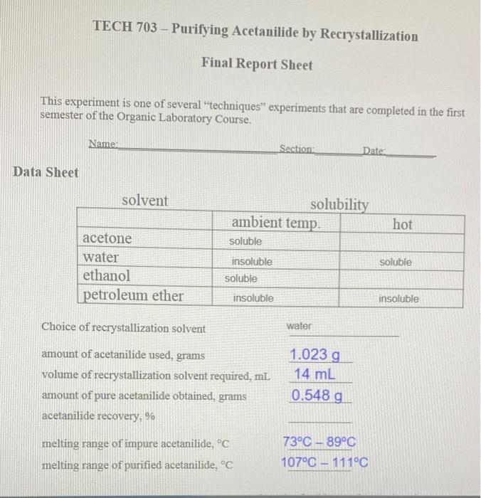 Solved TECH 703 - Purifying Acetanilide by Recrystallization | Chegg.com