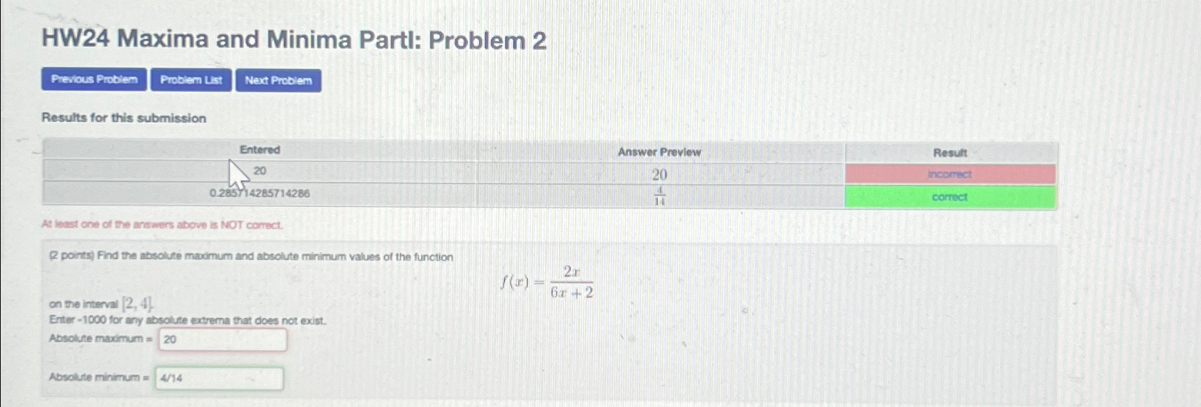 Solved HW24 ﻿Maxima and Minima Partl: Problem 2Results for | Chegg.com