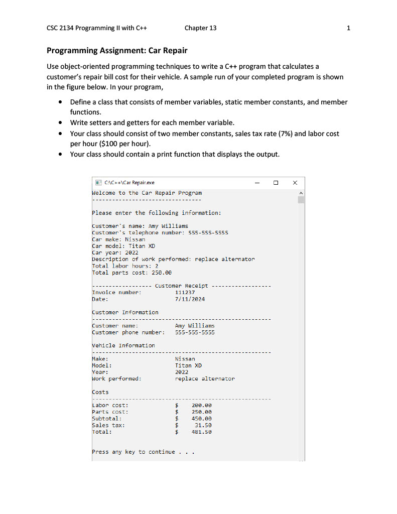 Programming Assignment: Car Repair Use | Chegg.com
