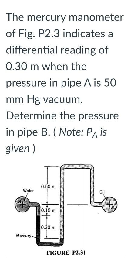Solved The mercury manometer of Fig. P2.3 indicates a | Chegg.com
