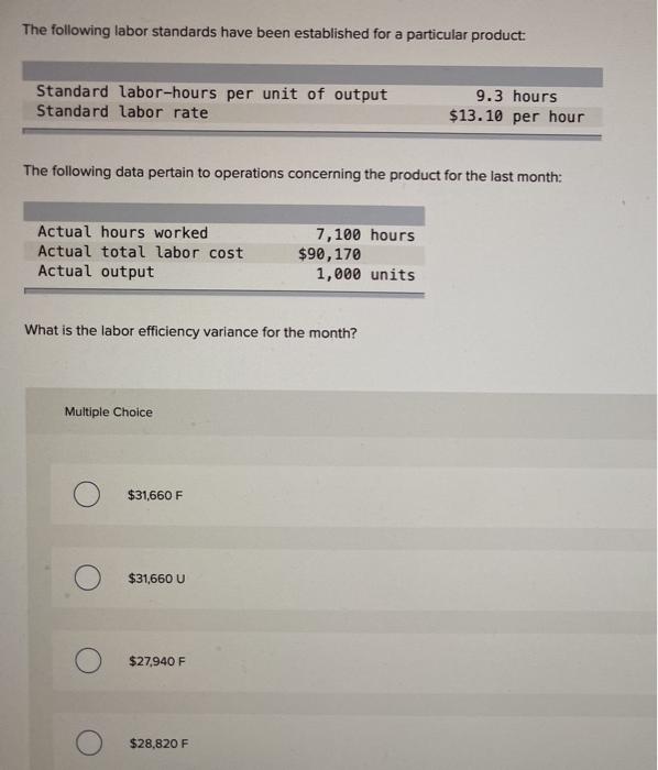 Solved The following labor standards have been established | Chegg.com