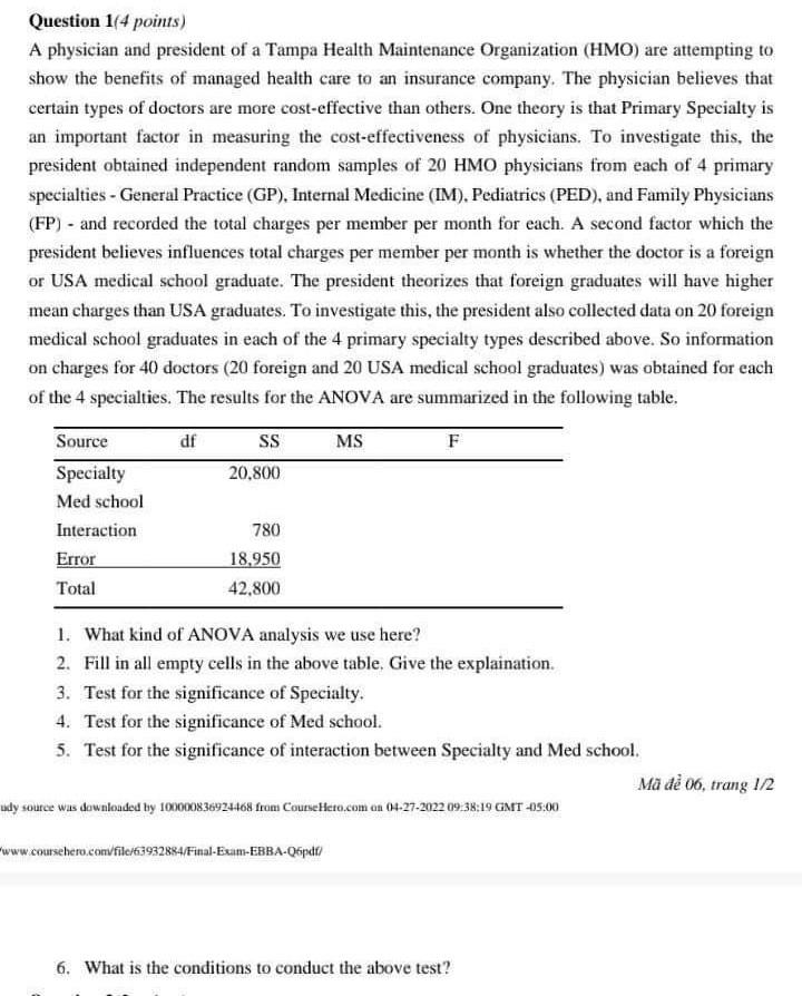 Solved Question 1(4 points) A physician and president of a | Chegg.com