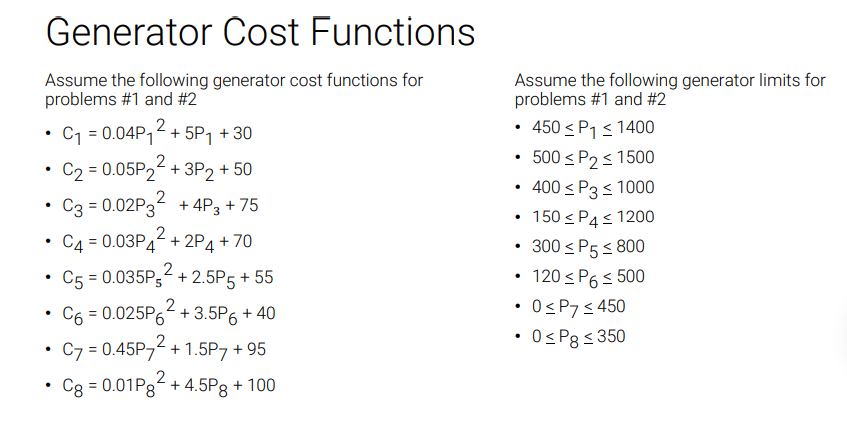 Solved Using the cost functions and generator limits in page | Chegg.com