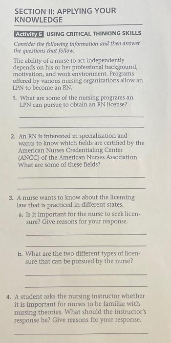 Solved SECTION II: APPLYING YOUR KNOWLEDGE Activity E USING | Chegg.com