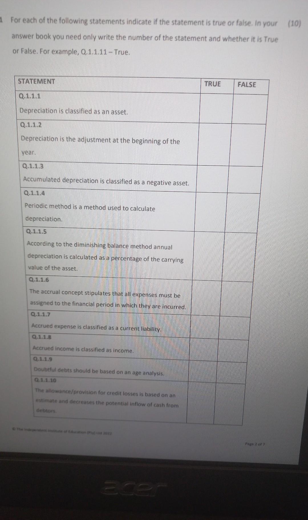 Solved For each of the following statements indicate if the | Chegg.com