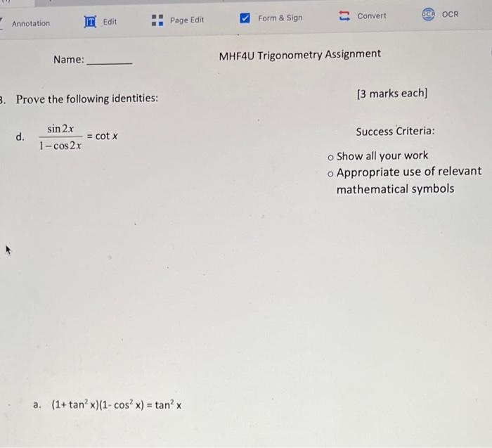 Solved Name: MHF4U Trigonometry Assignment Prove the | Chegg.com
