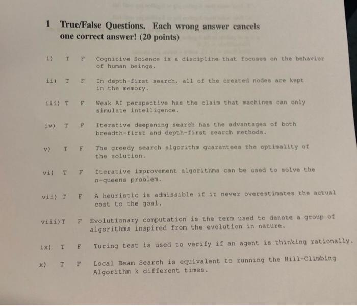 Solved 1 True/False Questions. Each wrong answer cancels one | Chegg.com