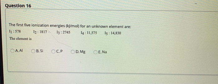 Solved Question 16 The first five ionization energies | Chegg.com