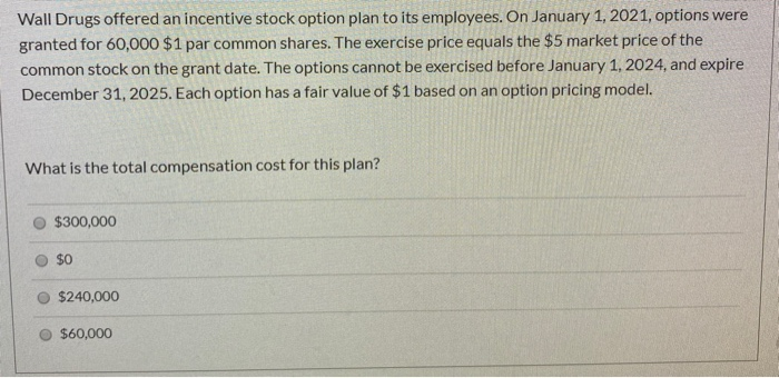 Solved Wall Drugs offered an incentive stock option plan to | Chegg.com