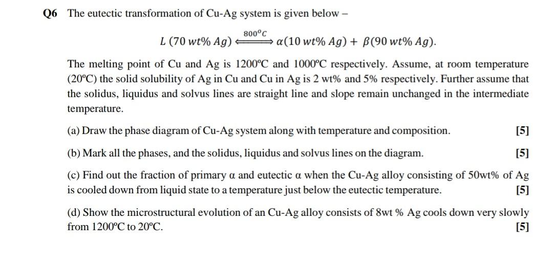 Solved Q6 The eutectic transformation of Cu−Ag system is | Chegg.com