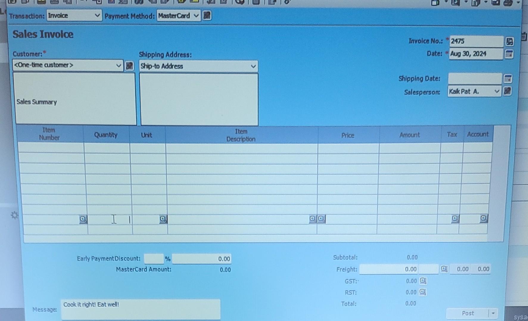 Solved Mastercard Sales Invoice A 2475 Dated August 30, 2024 | Chegg.com
