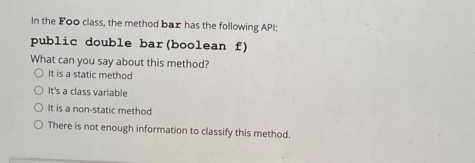 Solved In the Foo class, the method bar has the following | Chegg.com