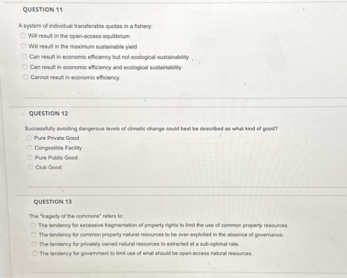 Solved A system of individual transferable quotas in a | Chegg.com