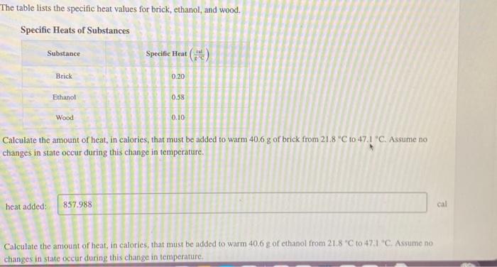 Solved The table lists the specific heat values for brick, | Chegg.com