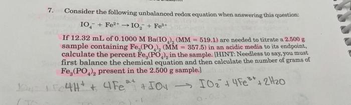 Solved 7. Consider the following unbalanced redox equation | Chegg.com