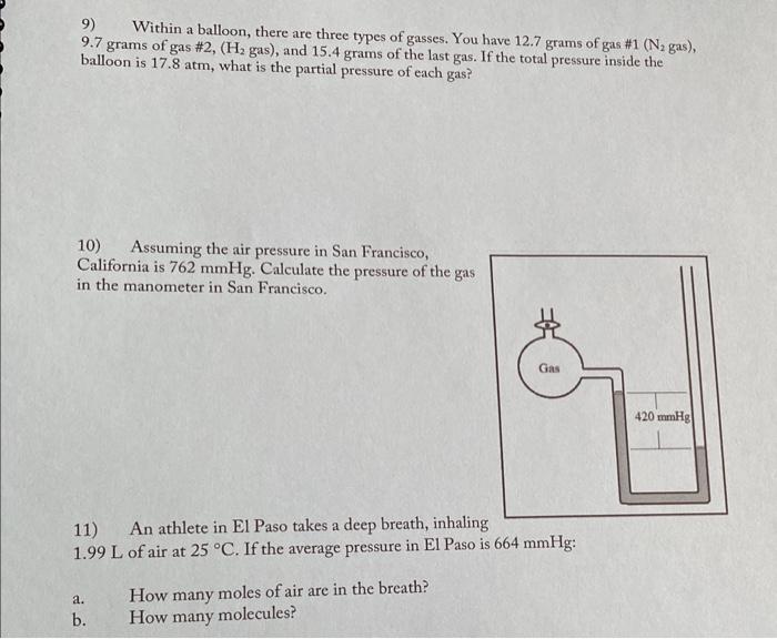 Solved 9) Within a balloon, there are three types of gasses. | Chegg.com