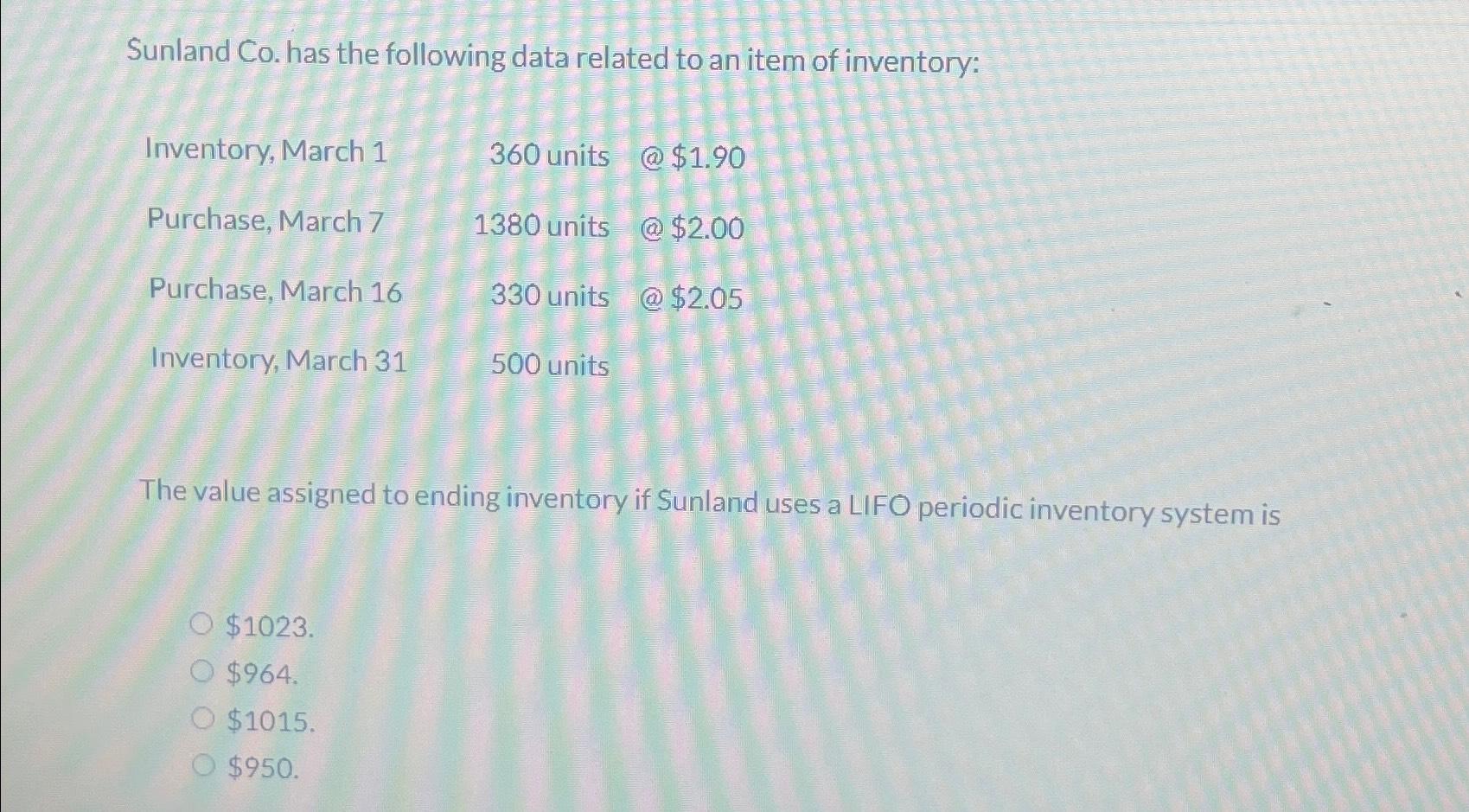 Solved Sunland Co. ﻿has the following data related to an | Chegg.com