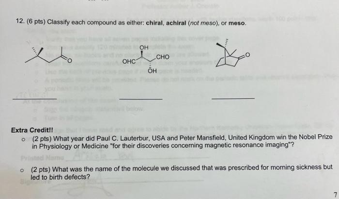 Solved 12. (6 pts) Classify each compound as either: chiral, | Chegg.com