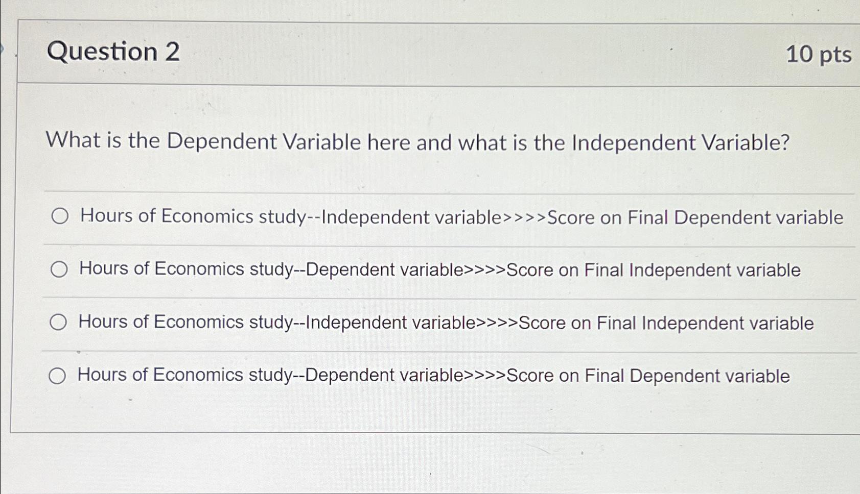 Solved Question 210 ﻿ptsWhat is the Dependent Variable here | Chegg.com