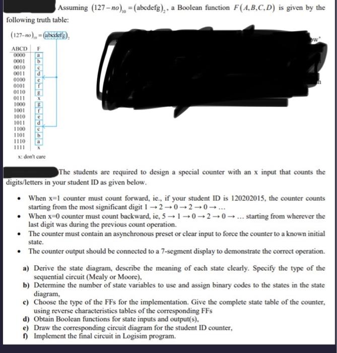Solved Assuming (127−no)10=( abcdefg )2, a Boolean function | Chegg.com