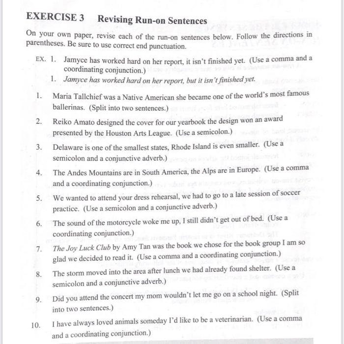 EXERCISE 3 Revising Run-on Sentences On your own | Chegg.com