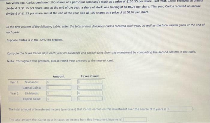Solved Two years ago, Carlos purchased 100 shares of a | Chegg.com