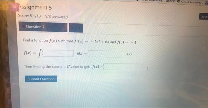 Solved Find A Function F X Such That F′ X −5ex 6x And